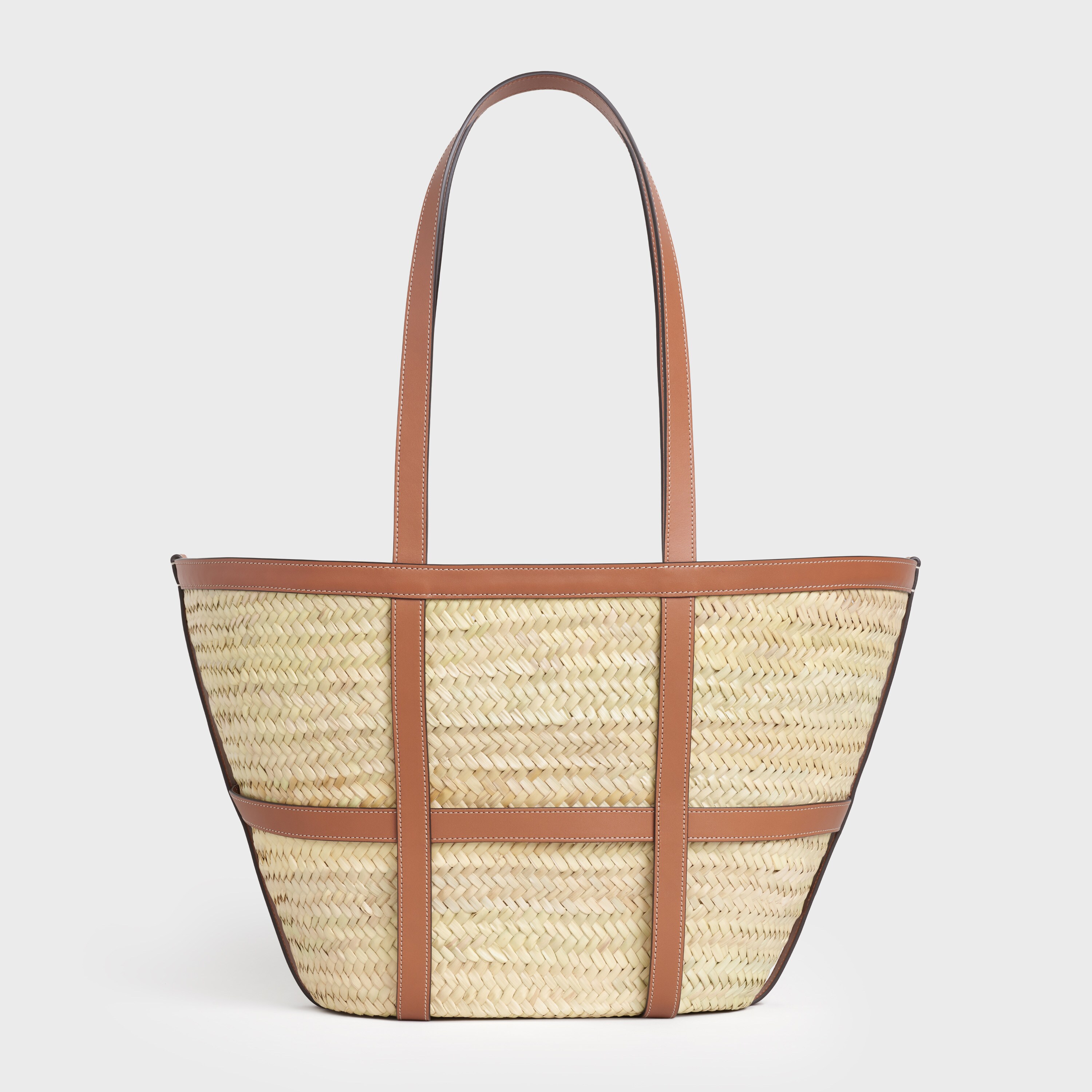 LARGE GRIDDED CELINE CLASSIC PANIER IN RAFFIA AND CALFSKIN - TAN | CELINE