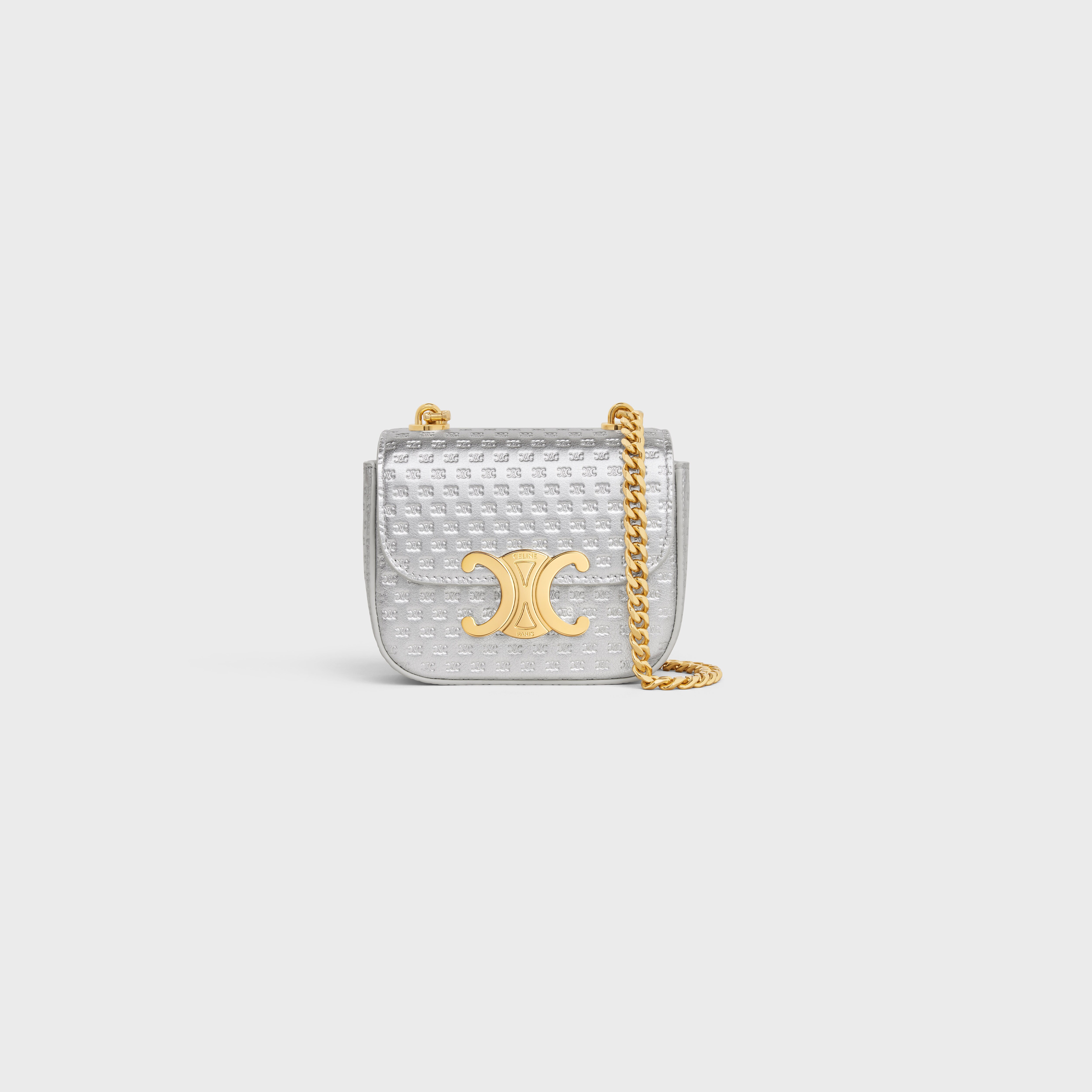 MINI CHAIN CLAUDE IN LAMINATED CALFSKIN EMBOSSED TRIOMPHE - SILVER | CELINE