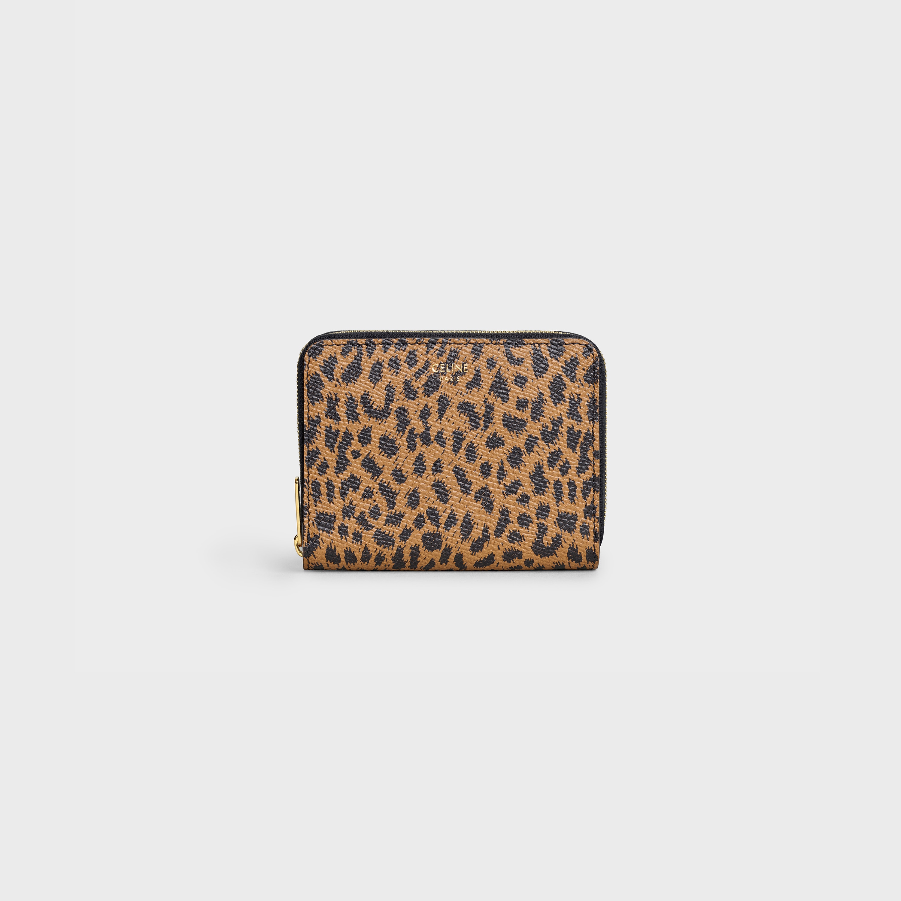 Compact wallet in Grained Calfskin with Leopard Print - Brown/ Black ...