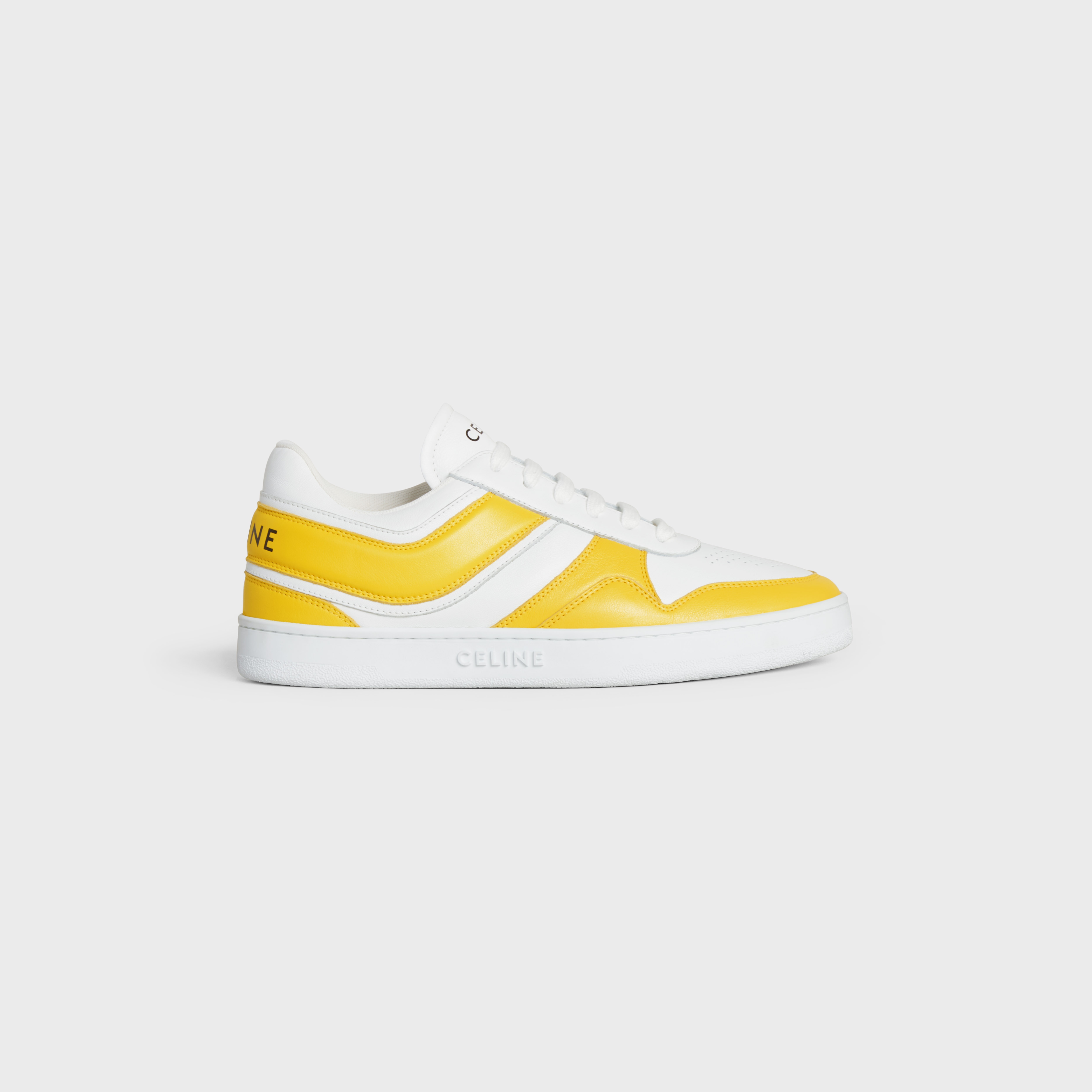 CELINE TRAINER LOW LACE-UP SNEAKER in CALFSKIN - Optic White / Yellow ...