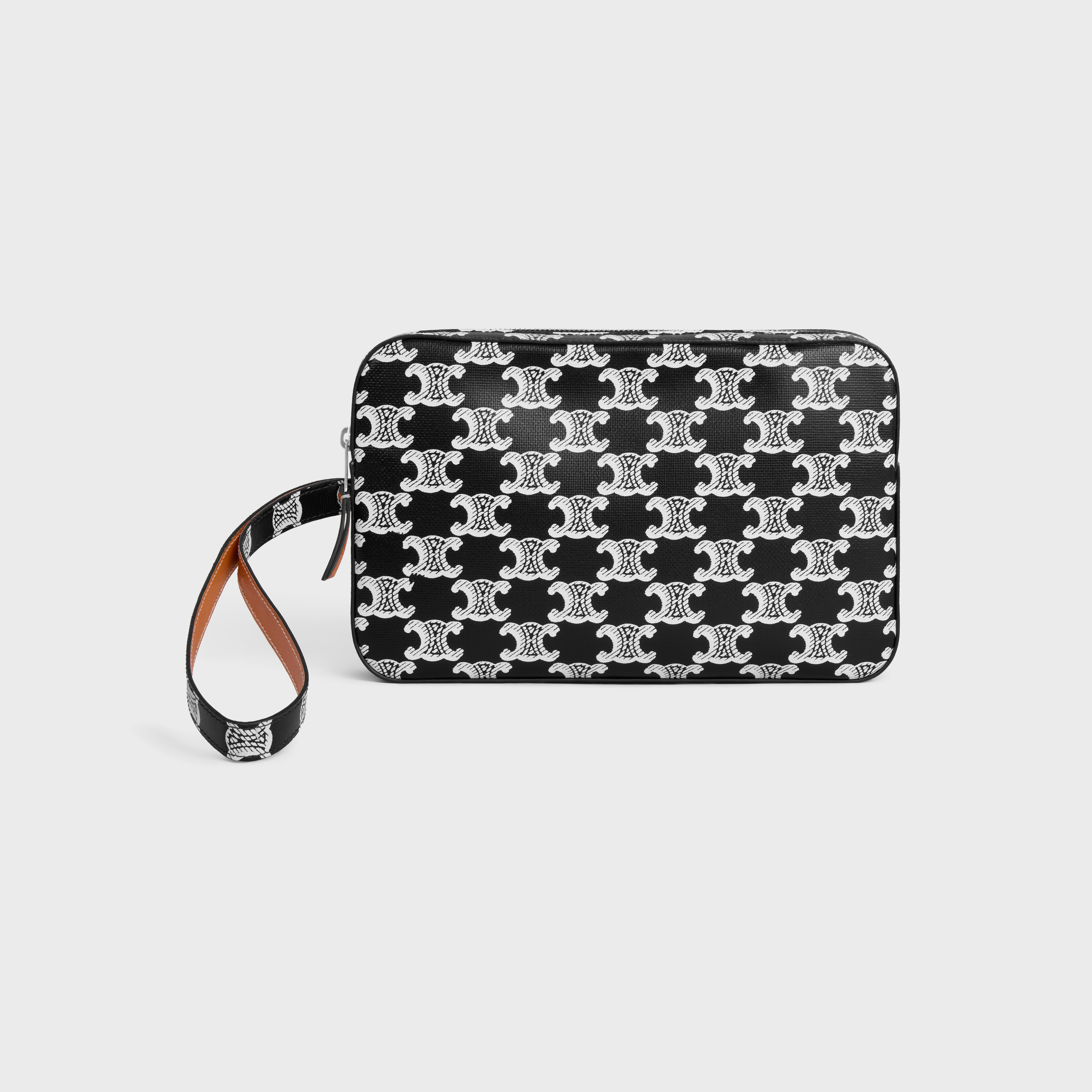 POUCH WITH STRAP IN TRIOMPHE CANVAS AND CALFSKIN - Black / White | CELINE