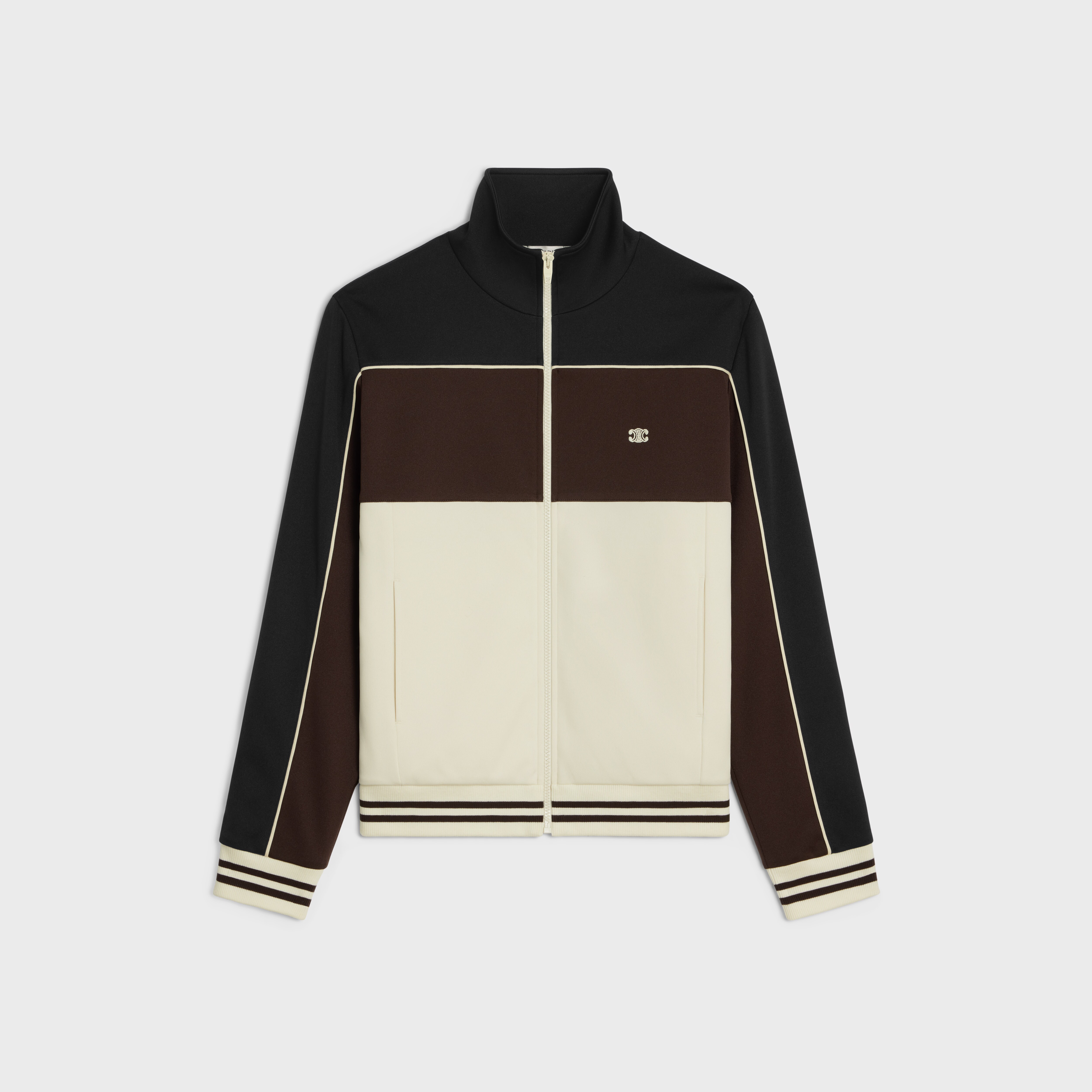 TRACKSUIT JACKET IN DOUBLE FACE JERSEY - ECRU / DARK BROWN / BLACK | CELINE