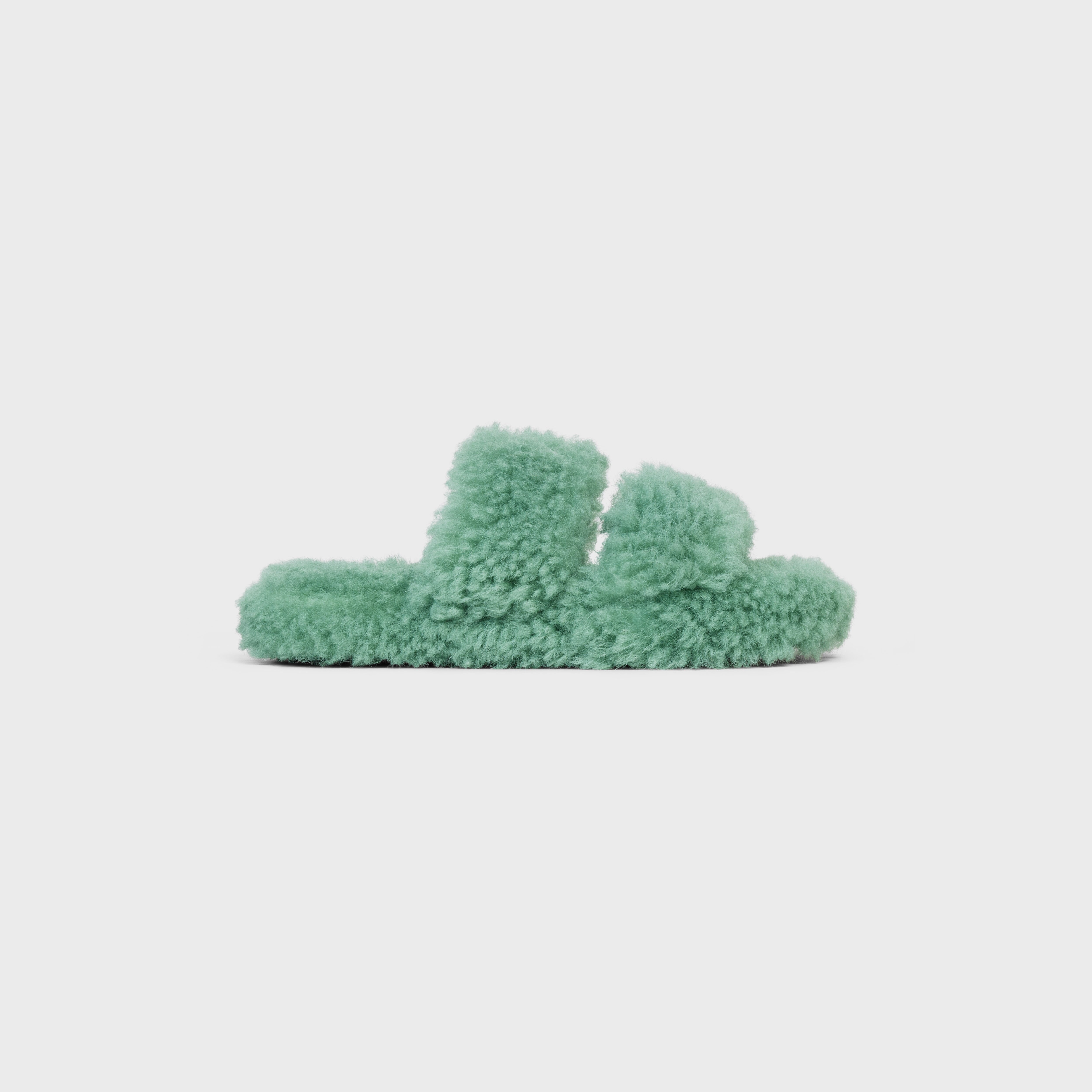 Celine Fur Slides Triomphe Open Slide in Shearling - Water Green | CELINE