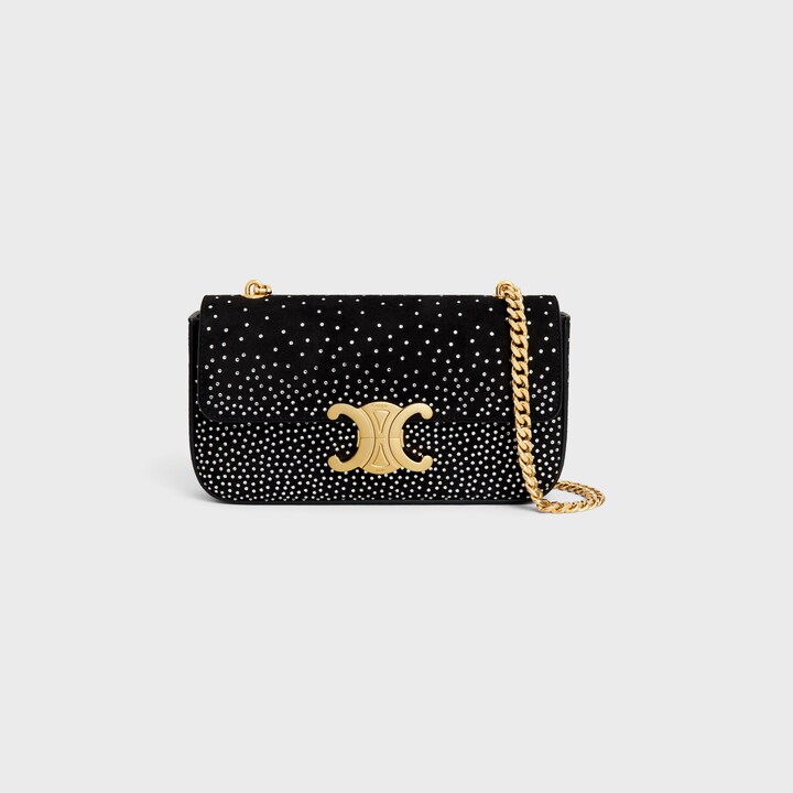 CHAIN SHOULDER BAG CLAUDE IN SUEDE GOATSKIN WITH STRASS - BLACK | CELINE