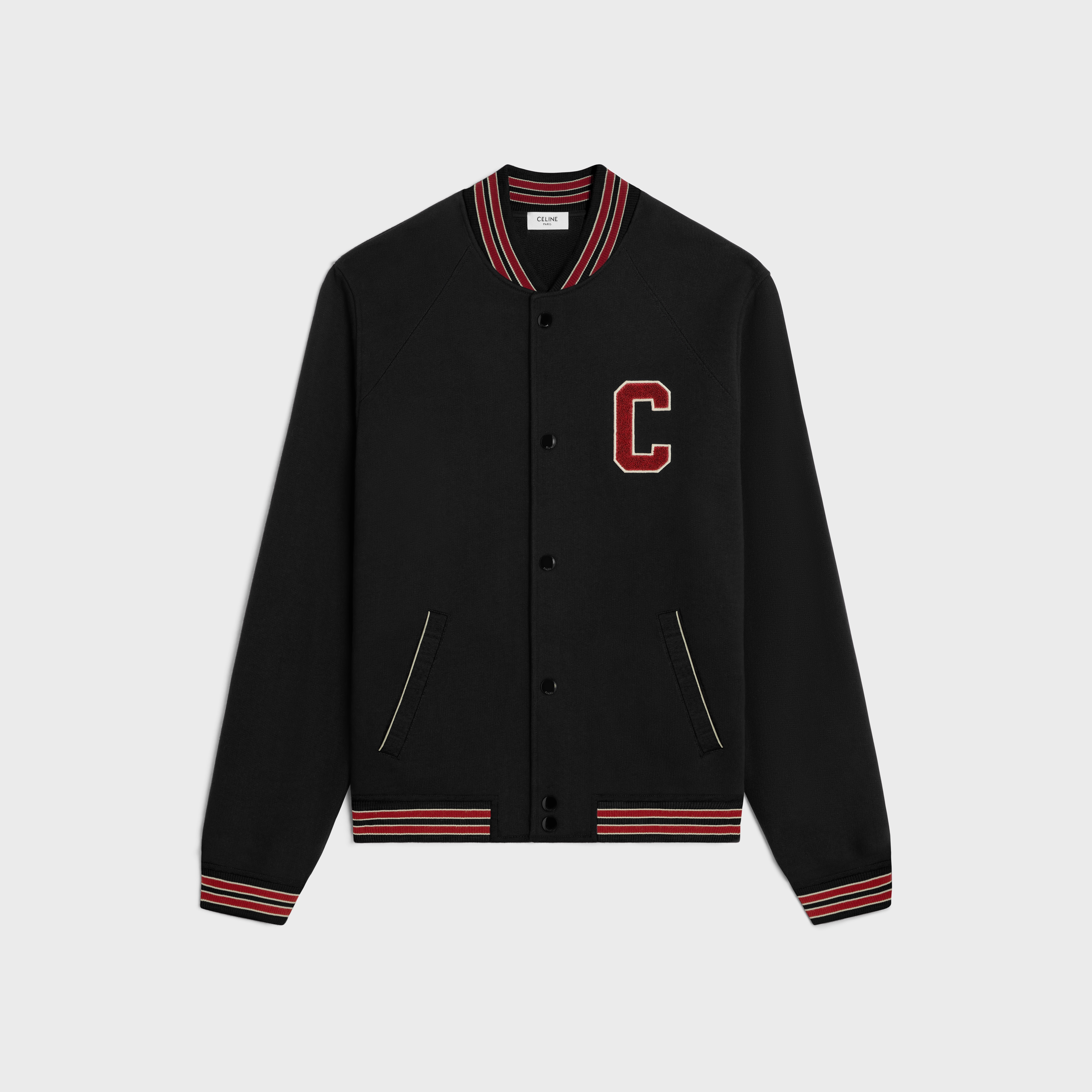 CELINE TEDDY COLLEGE JACKET IN COTTON FLEECE - BLACK/RED GRAPE/OFF ...