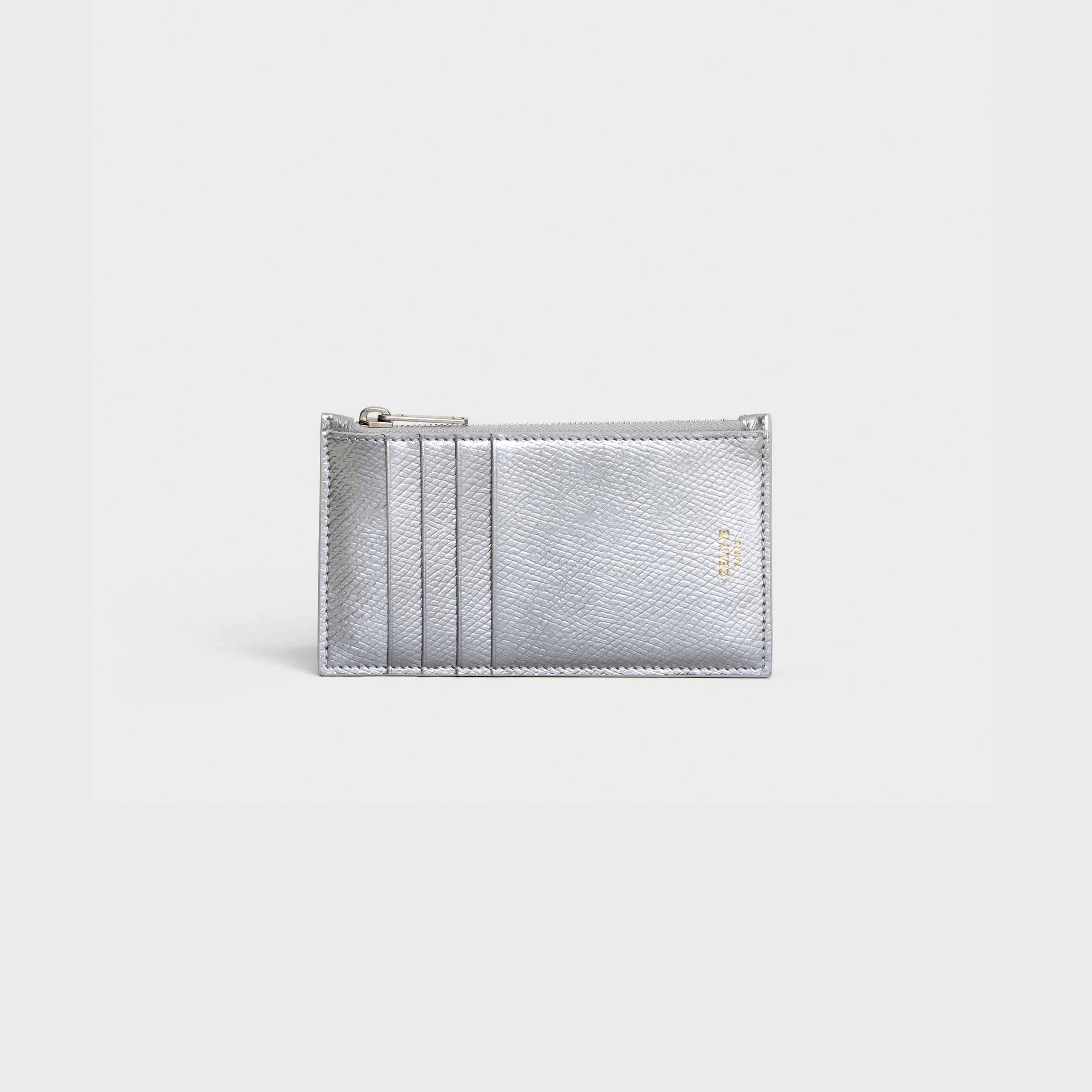 Zipped compact card holder in Laminated grained calfskin - Silver | CELINE