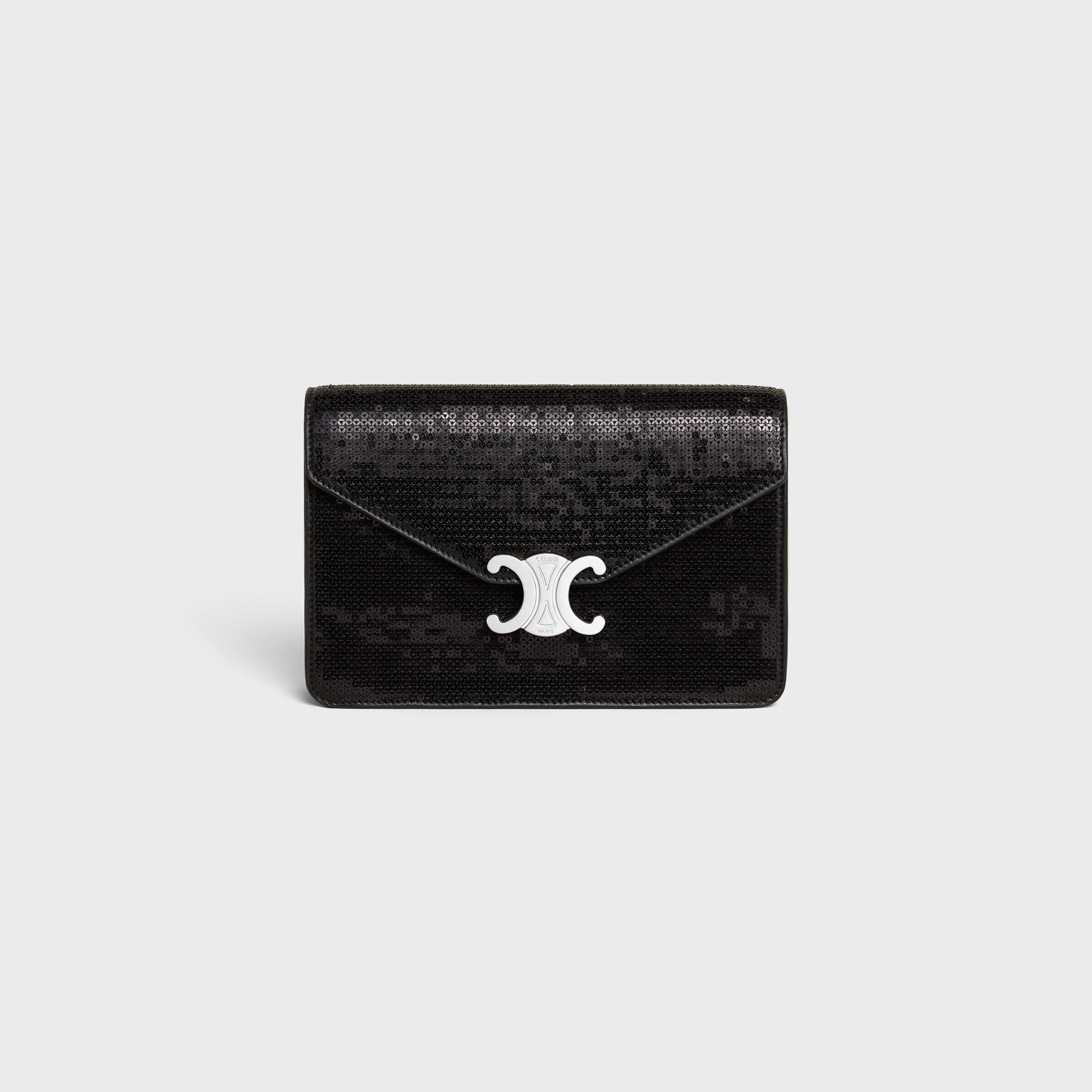 Wallet on Chain TRIOMPHE in SEQUINS AND CALFSKIN - Black | CELINE