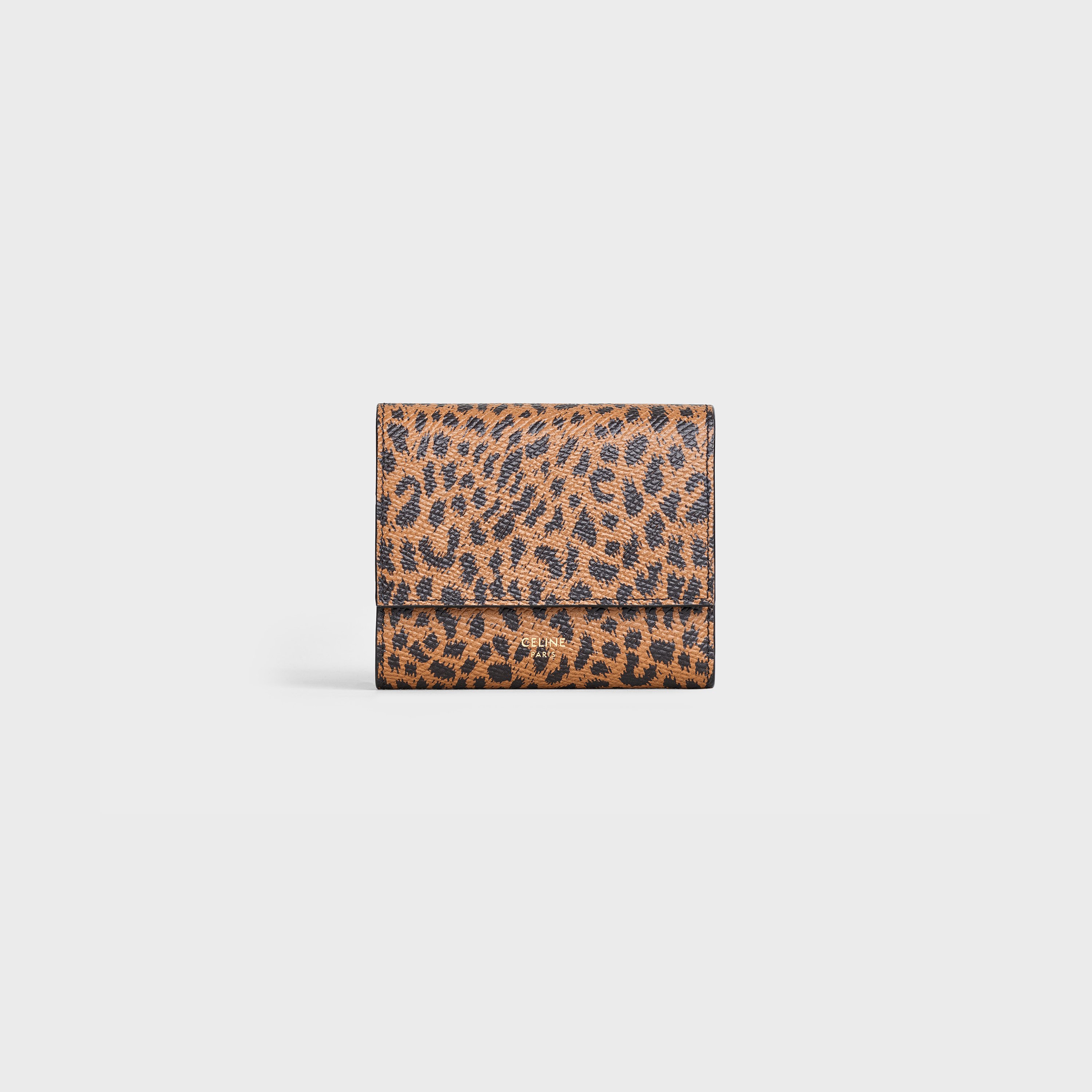 Small trifold wallet in Grained Calfskin with Leopard Print - Brown ...