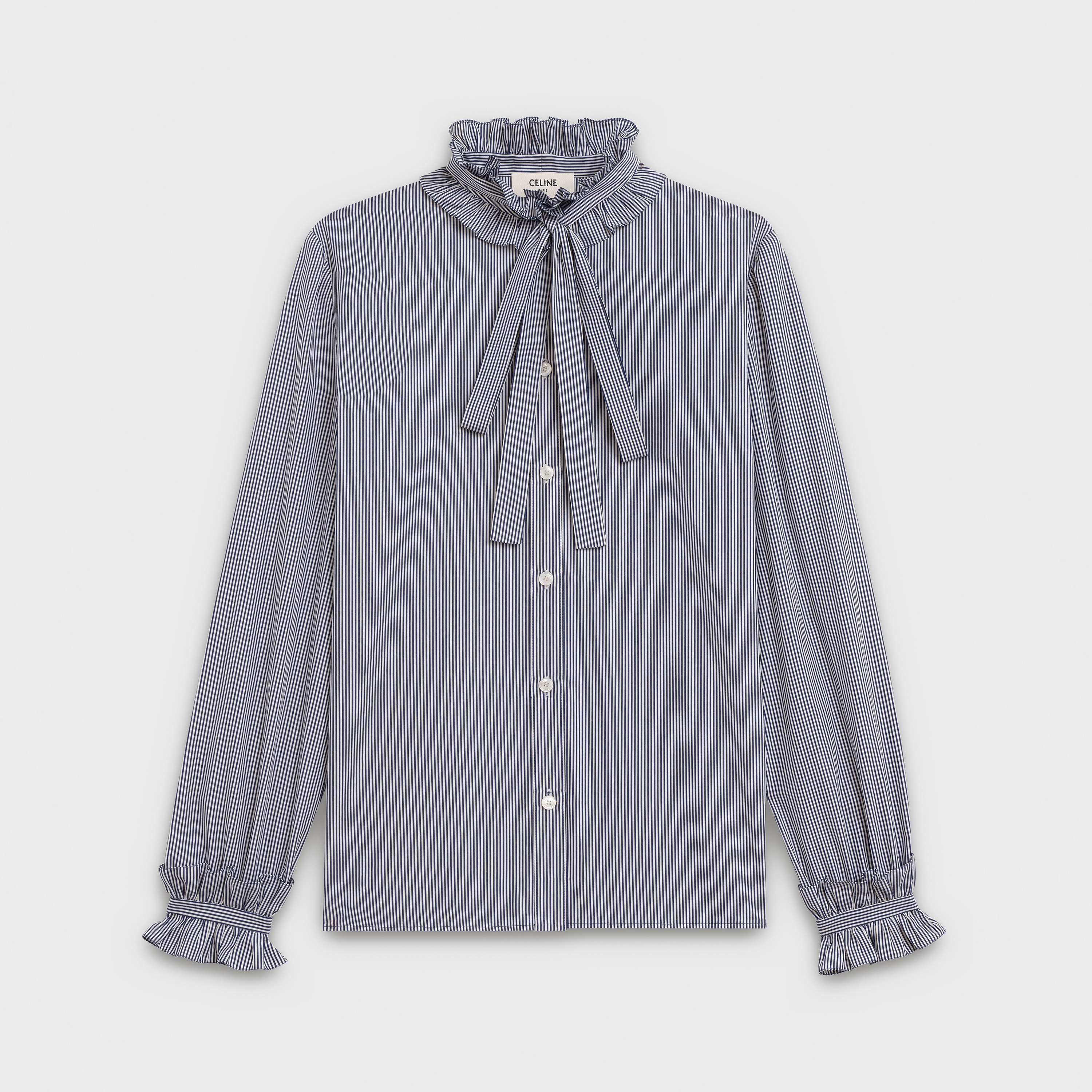 BLOUSE with lavalliere, FRILL COLLAR AND CUFFS in striped cotton - null ...