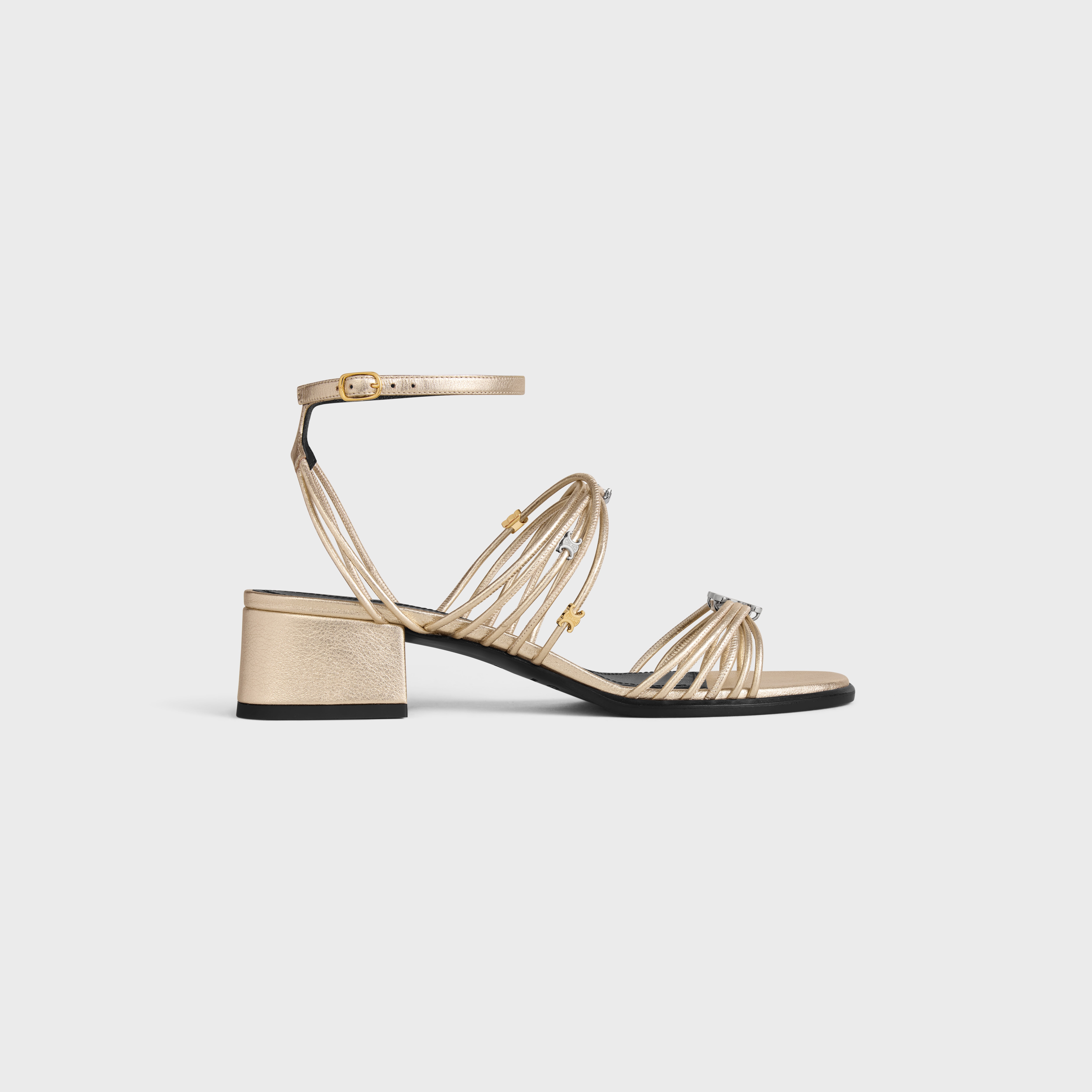 CLÉMENCE HEELED SANDAL IN LAMINATED LAMBSKIN - PLATINIUM | CELINE