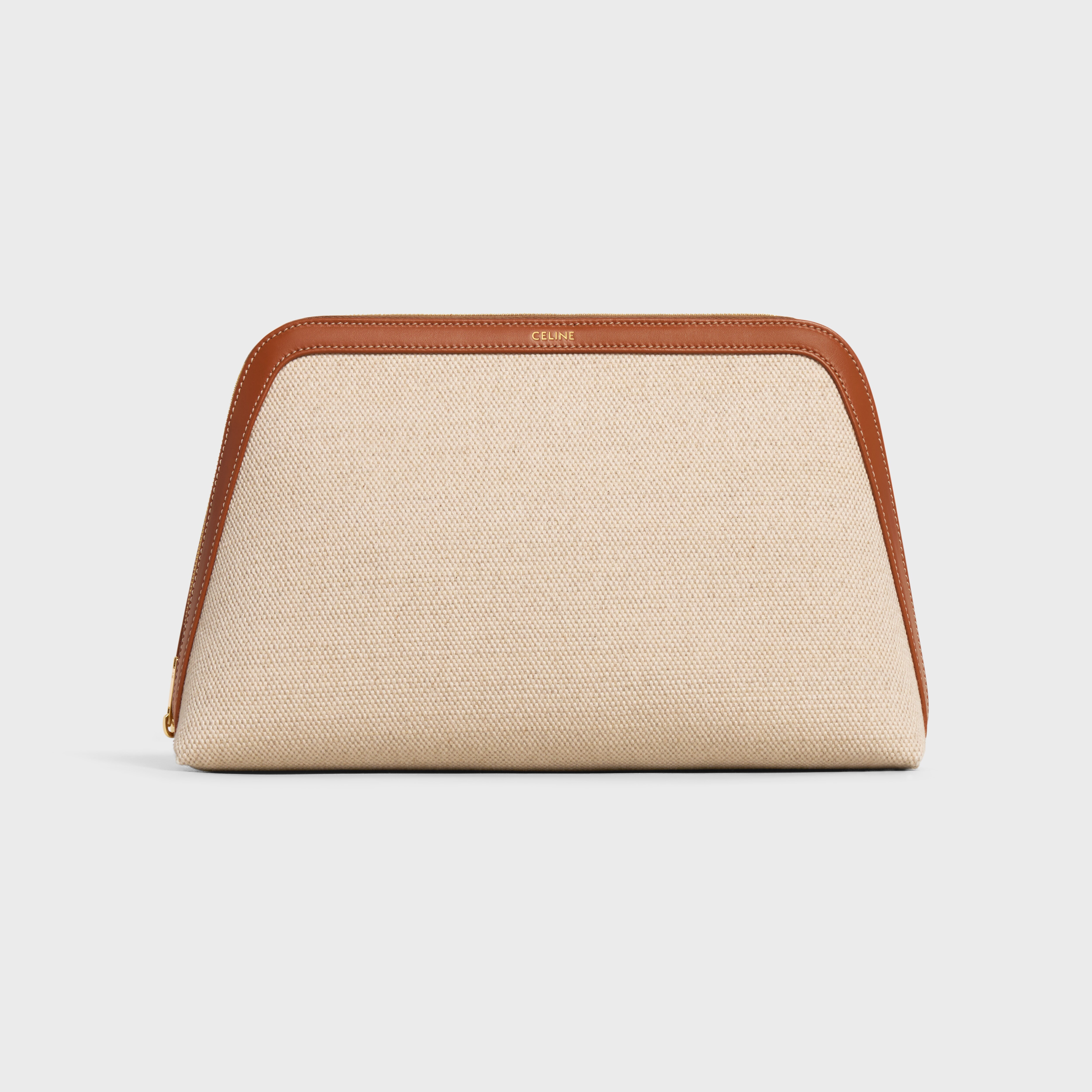 LARGE COSMETIC POUCH IN TEXTILE AND CALFSKIN - NATURAL / TAN | CELINE