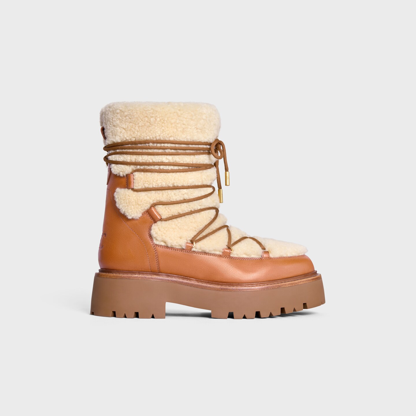 CELINE BULKY LACE-UP BOOT IN SHEARLING AND CALFSKIN - NATURAL / TAN ...