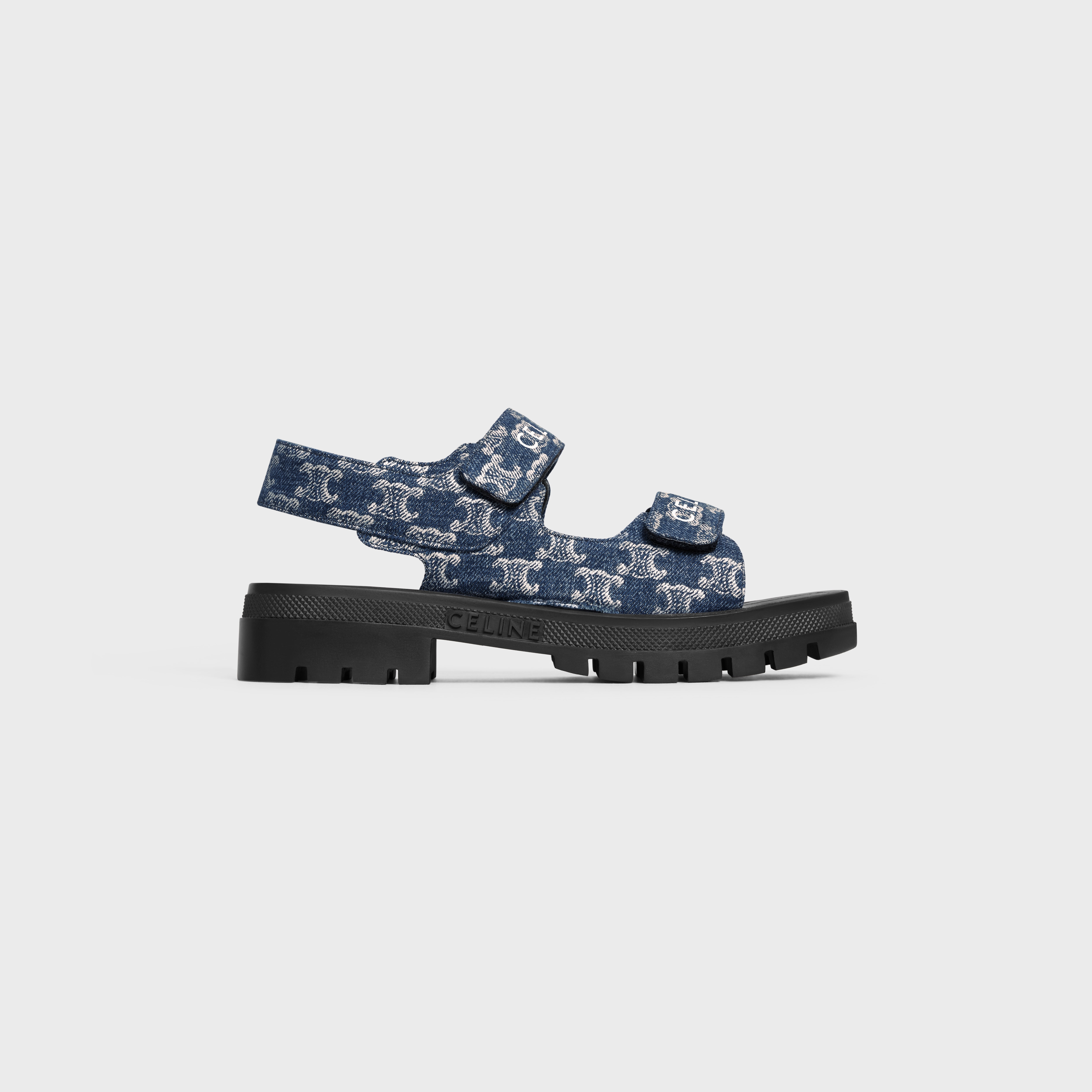 CELINE LEO VELCRO SANDAL IN TRIOMPHE STAMPED DENIM - BLUE / SILVER | CELINE