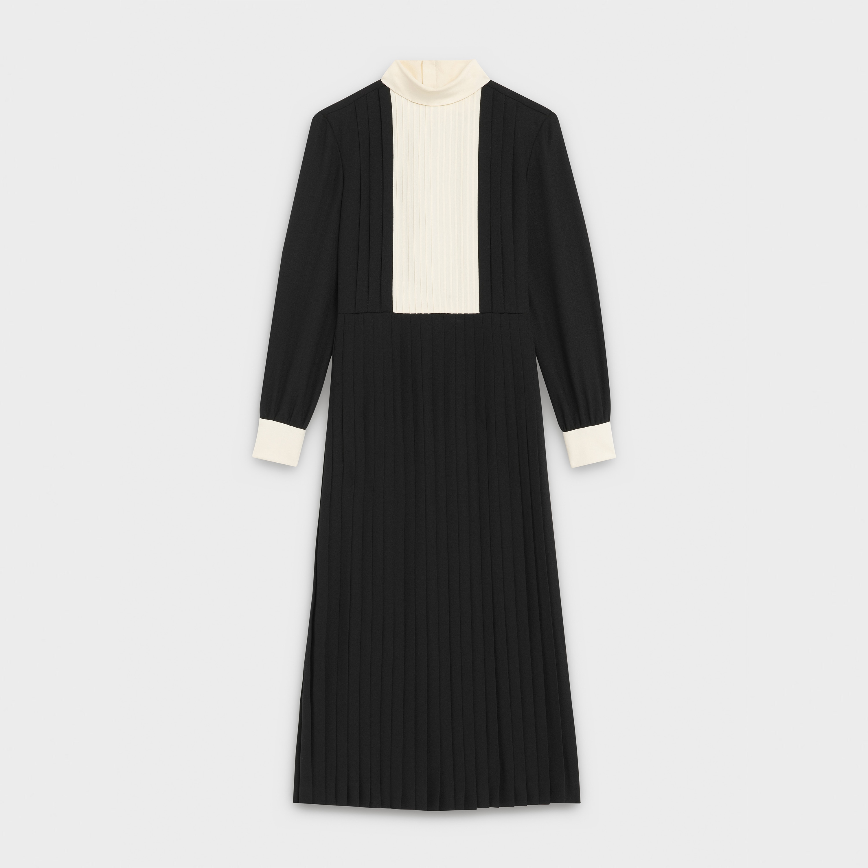 robe longue plissée avec plastron en SABLÉ DE LAINE - null | CELINE