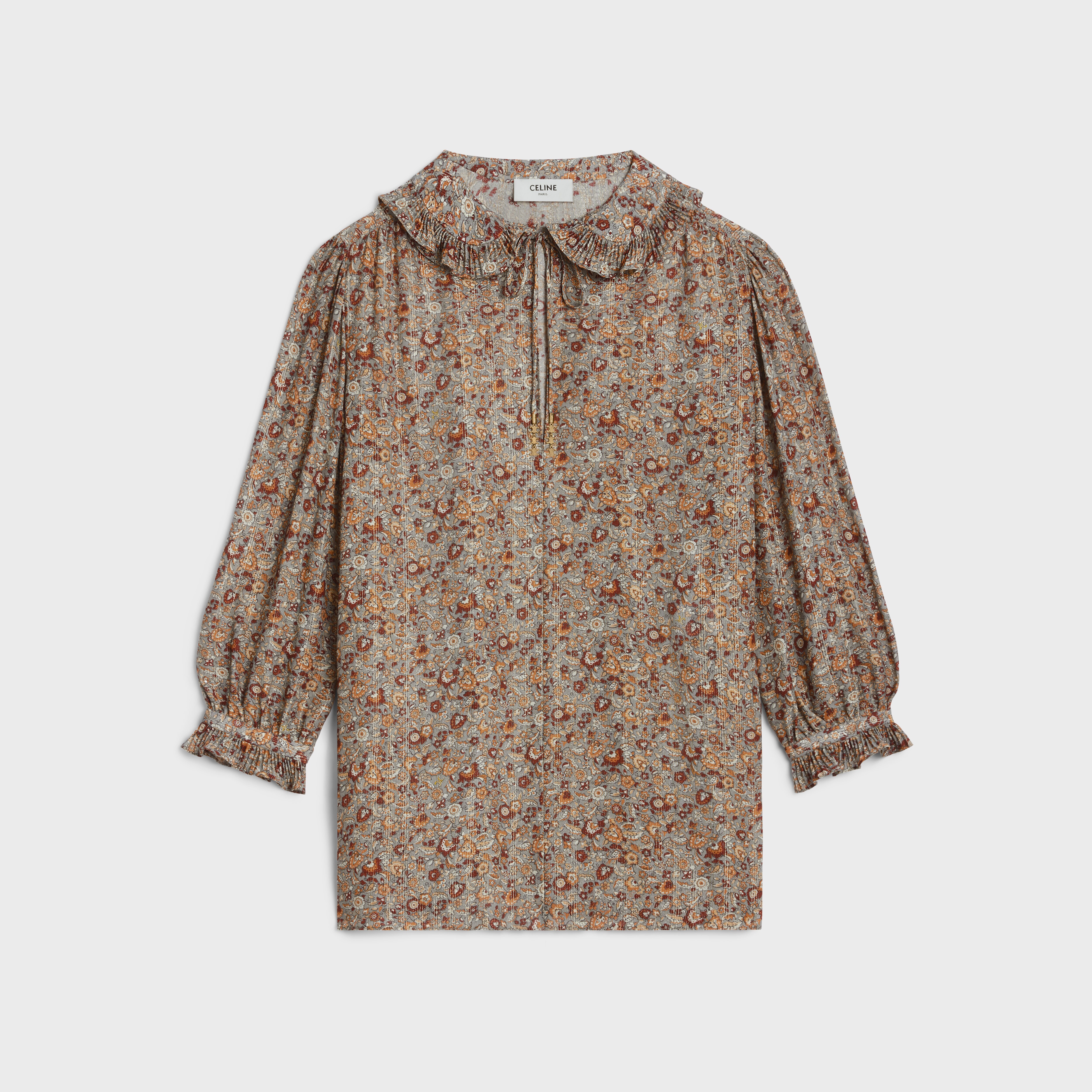 BLOUSE WITH FRILLED CLAUDINE COLLAR IN LAMÉ SABLÉ - GRIS/ORANGE ...