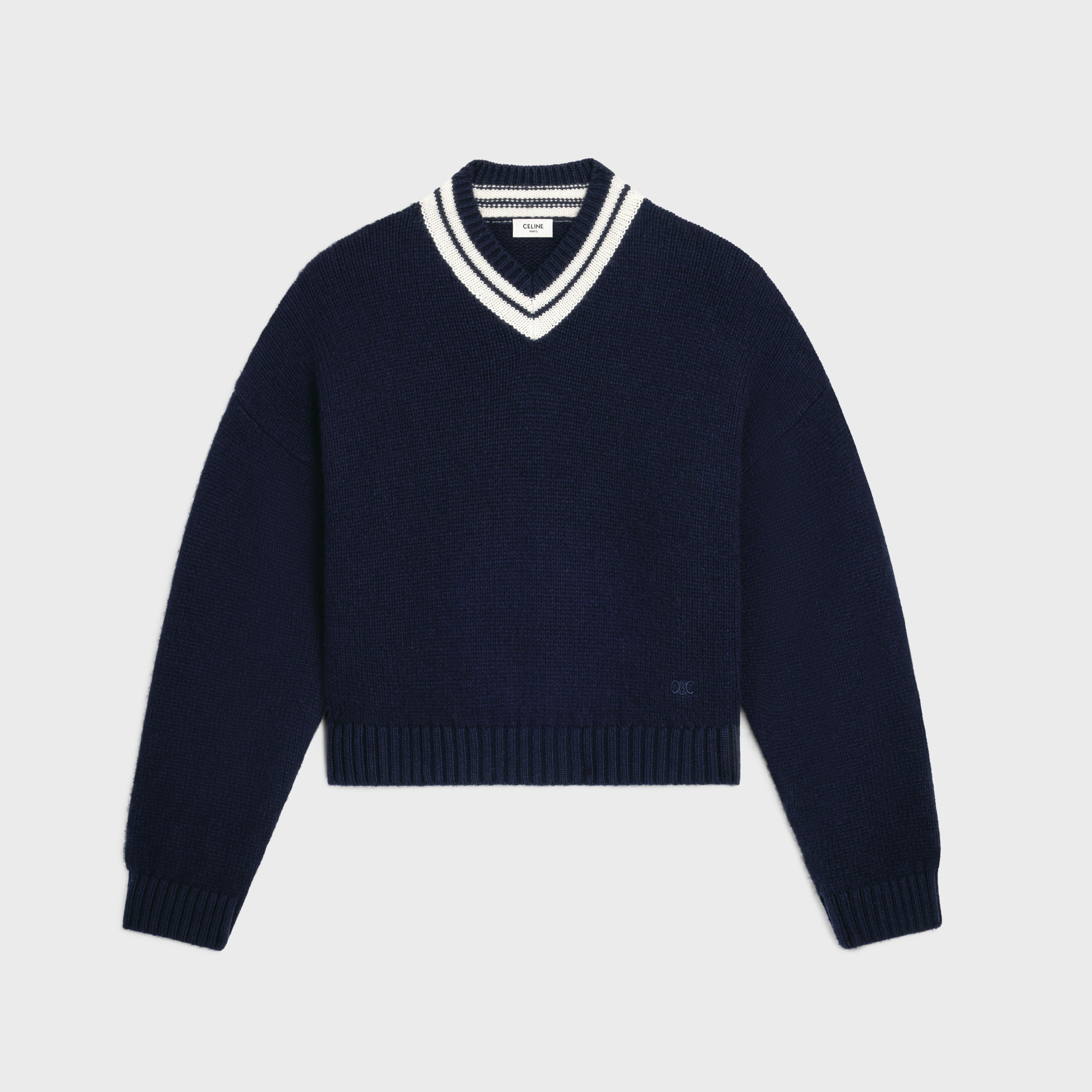 v-neck sweater IN cashmere - NAVY / WHITE | CELINE