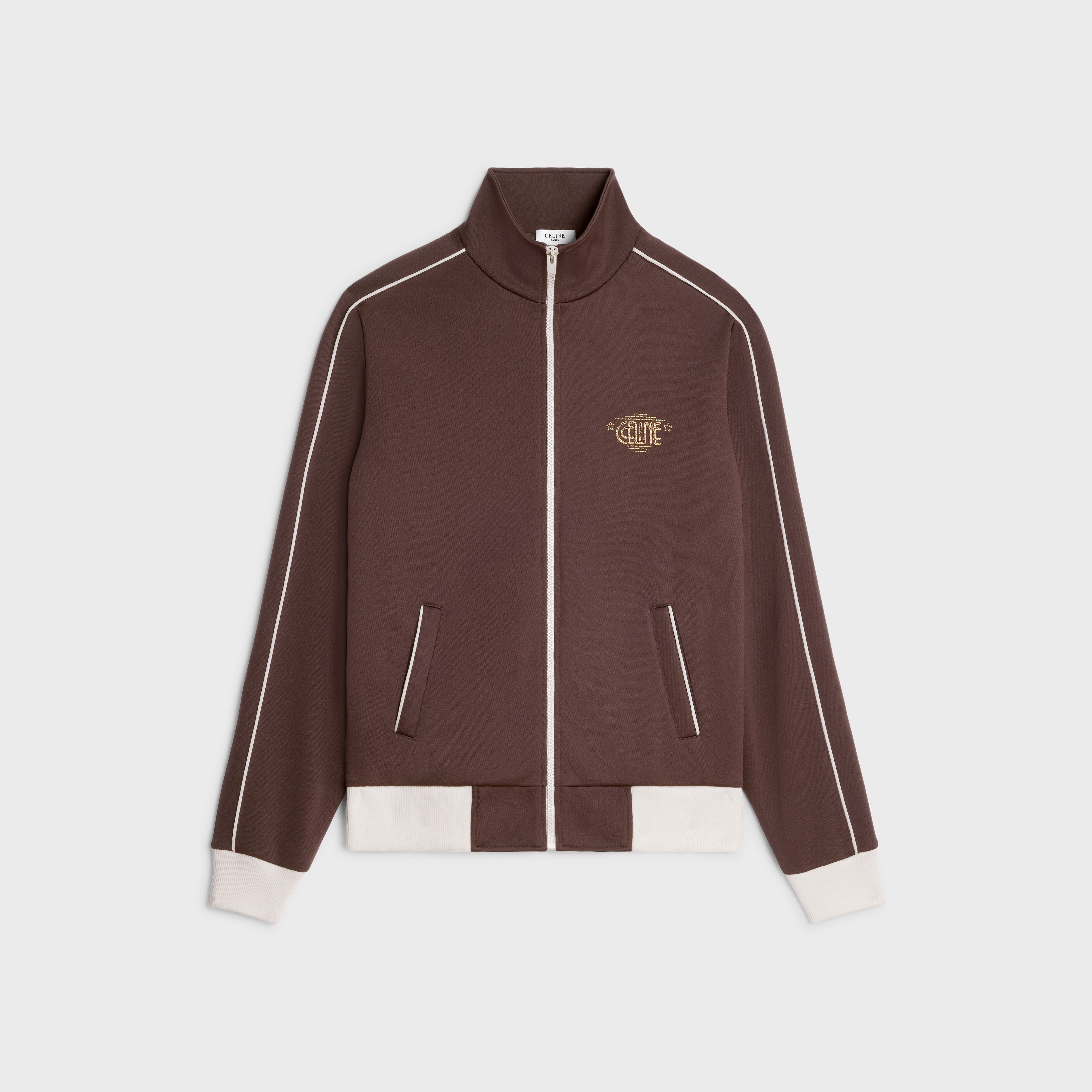 TRACKSUIT JACKET IN DOUBLE FACE JERSEY - DARK BROWN/ ECRU/ GOLD | CELINE