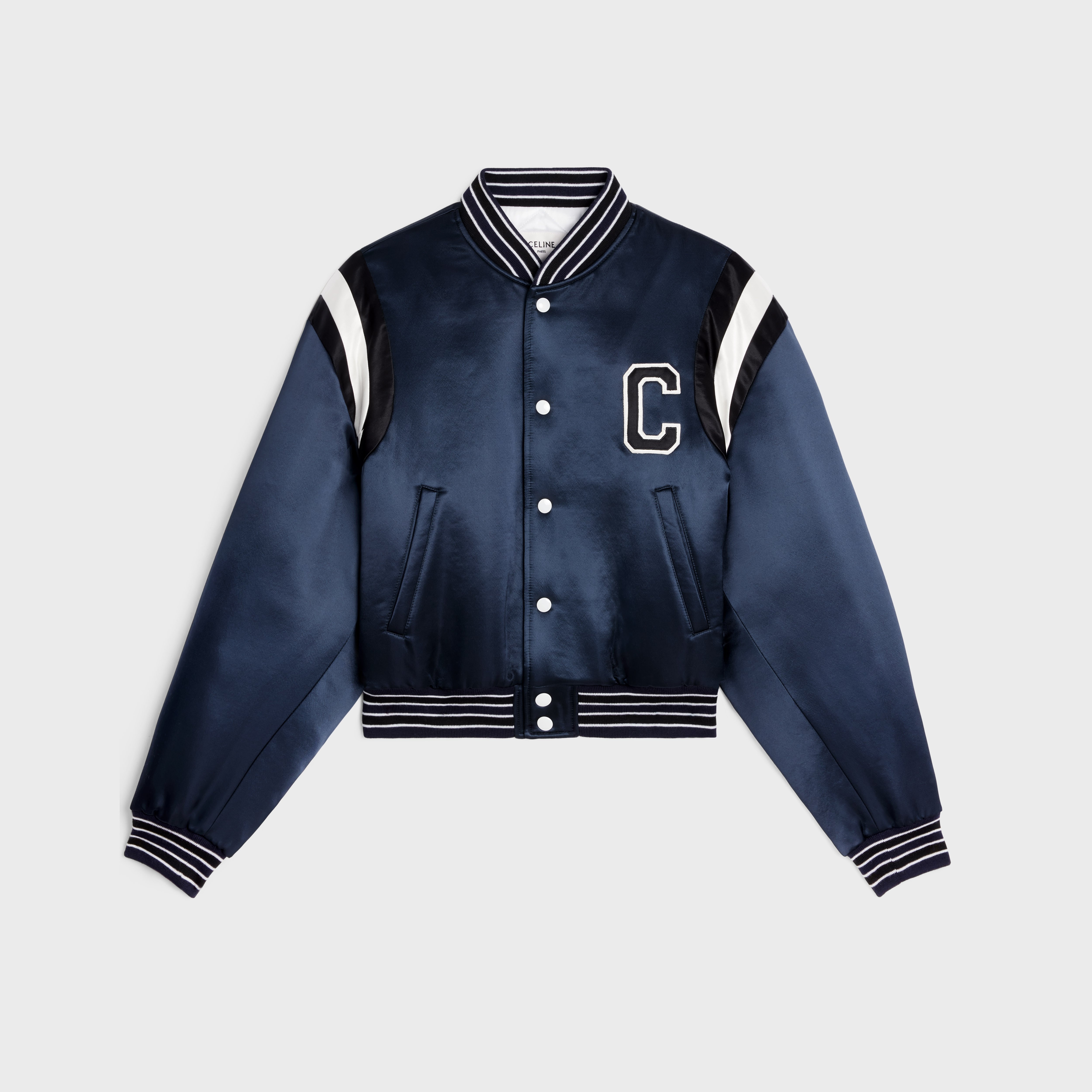 CELINE CROPPED BOMBER JACKET IN THICK SATIN - NAVY | CELINE