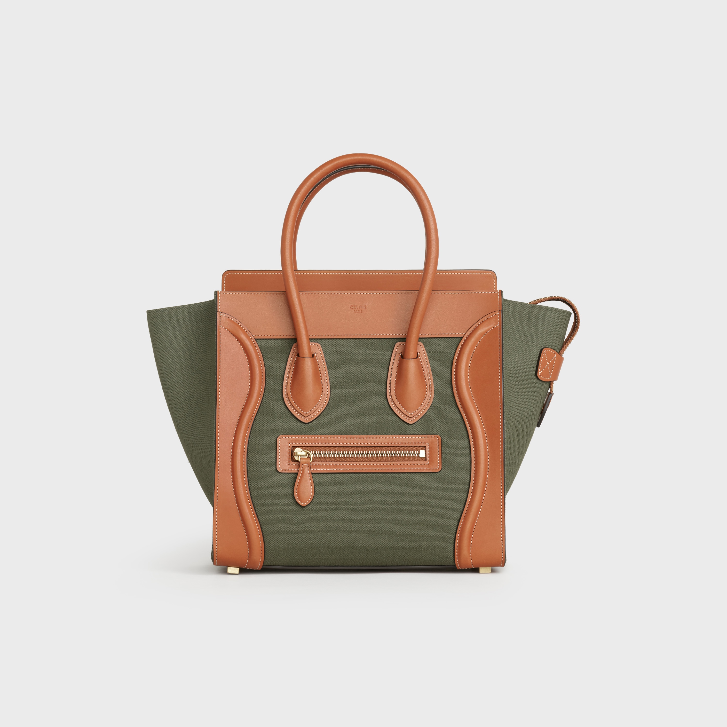 Micro Luggage handbag in Textile and Calfskin - Khaki / Tan | CELINE