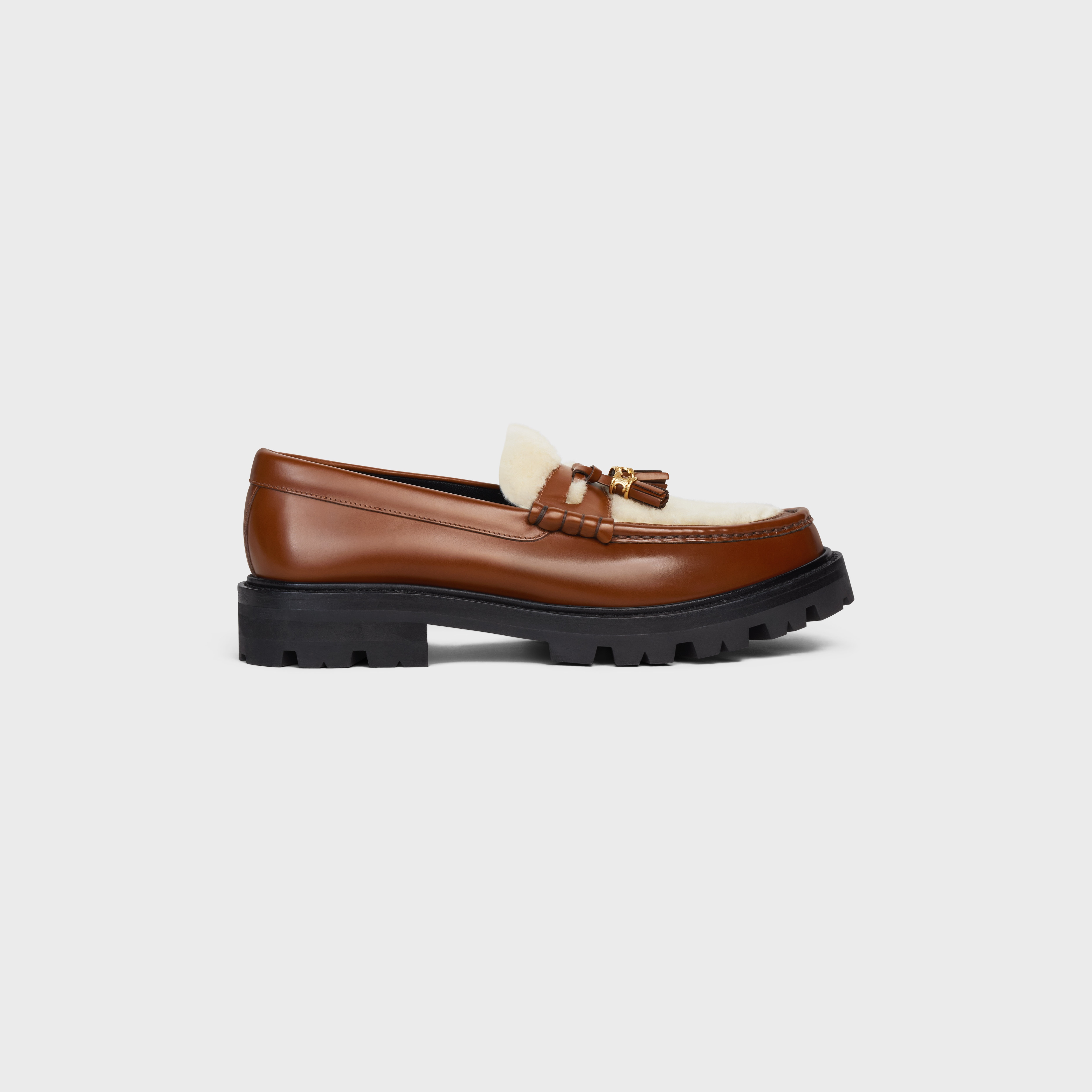 CELINE MARGARET LOAFER WITH TASSELS in POLISHED BULL & SHEARLING - Tan ...