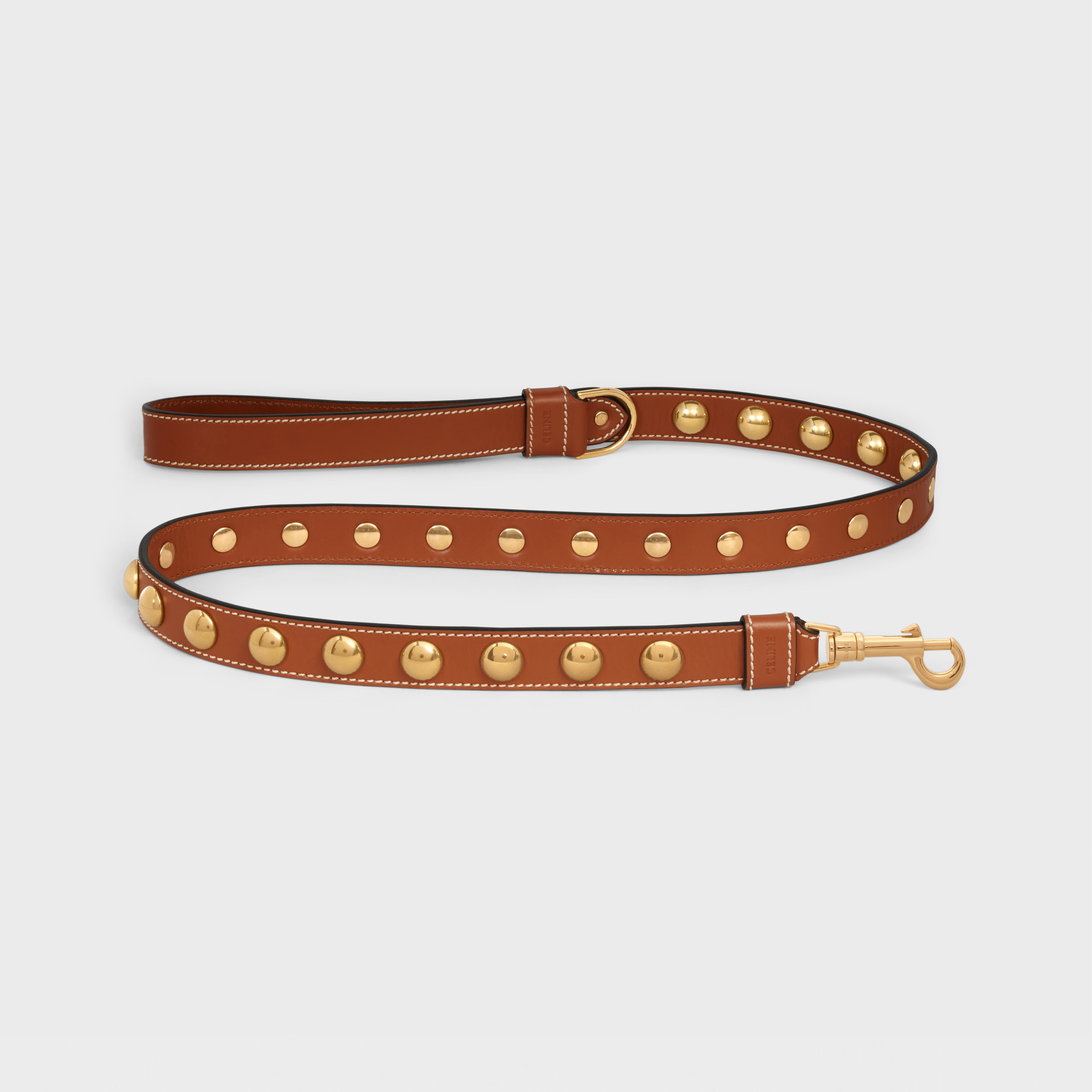 WIDE DOG LEASH IN SMOOTH CALFSKIN WITH STUDS - TAN | CELINE
