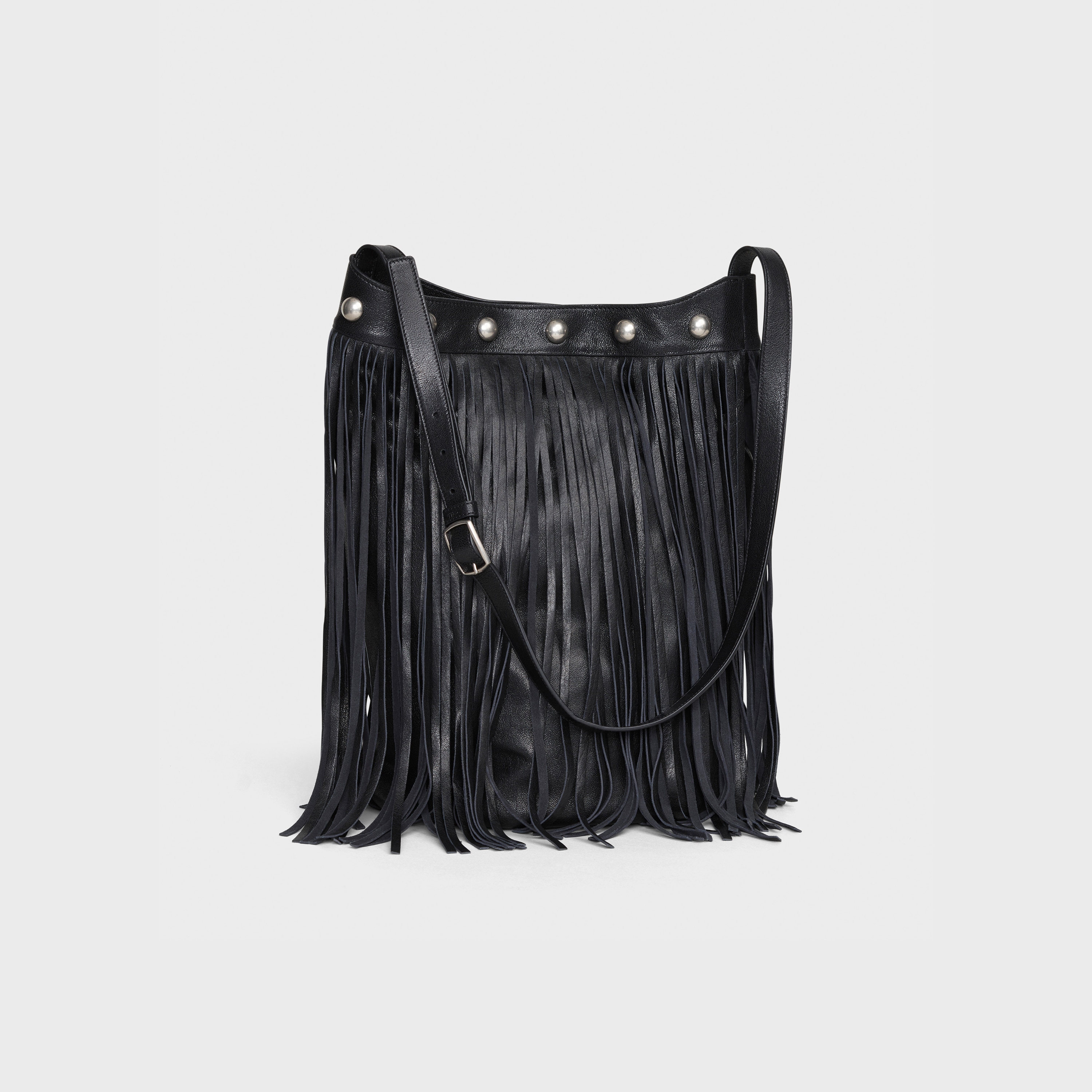 Medium Soft Bucket with Fringes and Studs in Soft lambskin - Black | CELINE